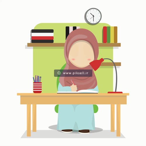 فایل وکتور پس زمینه با طرح دختر محجبه پشت میز در حال مطالعه